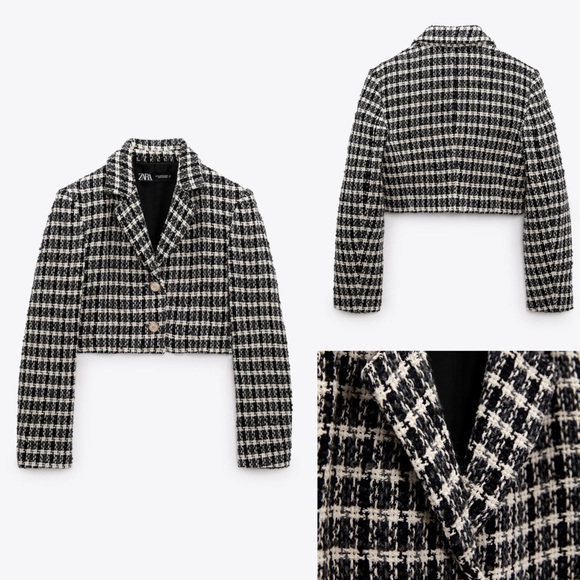 Zara | Jackets & Coats | Zara Texture Crop Blazer Short Set Ecru Black ...